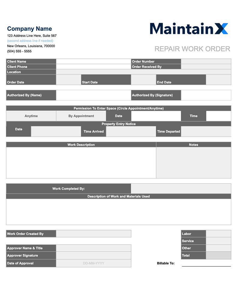 Free Downloadable Work Order Templates